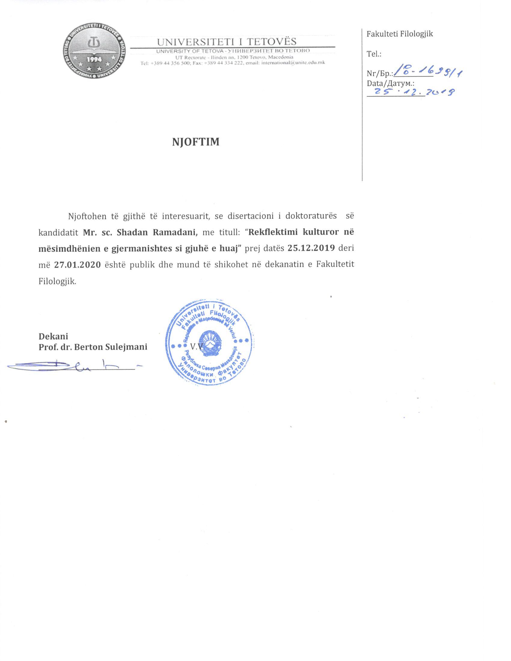 Njoftim – Universiteti i Tetovës