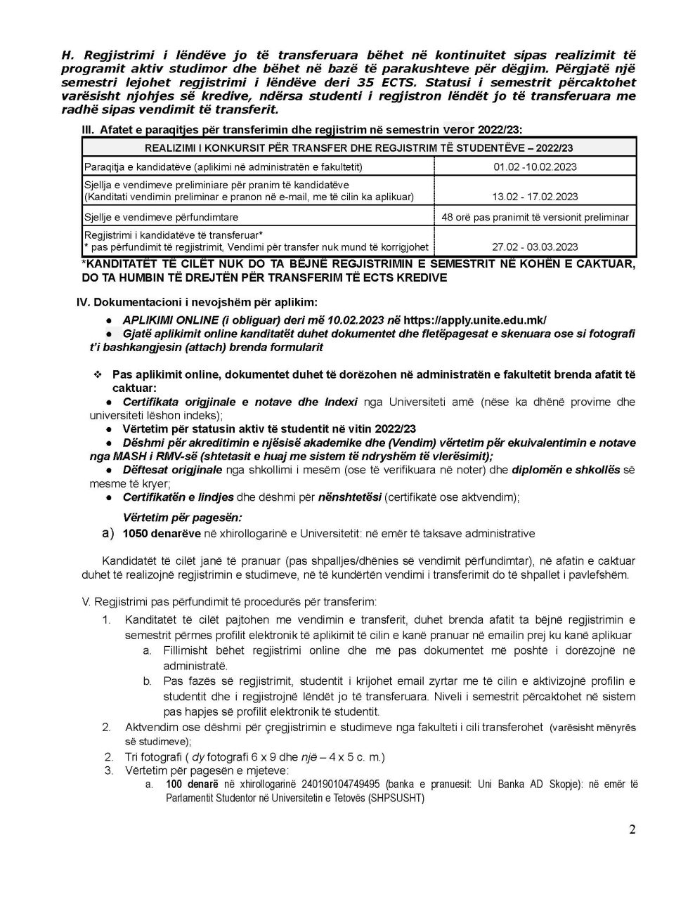 Njoftim për transferim dhe riaktivizim 2022-2023 - Universiteti i Tetovës