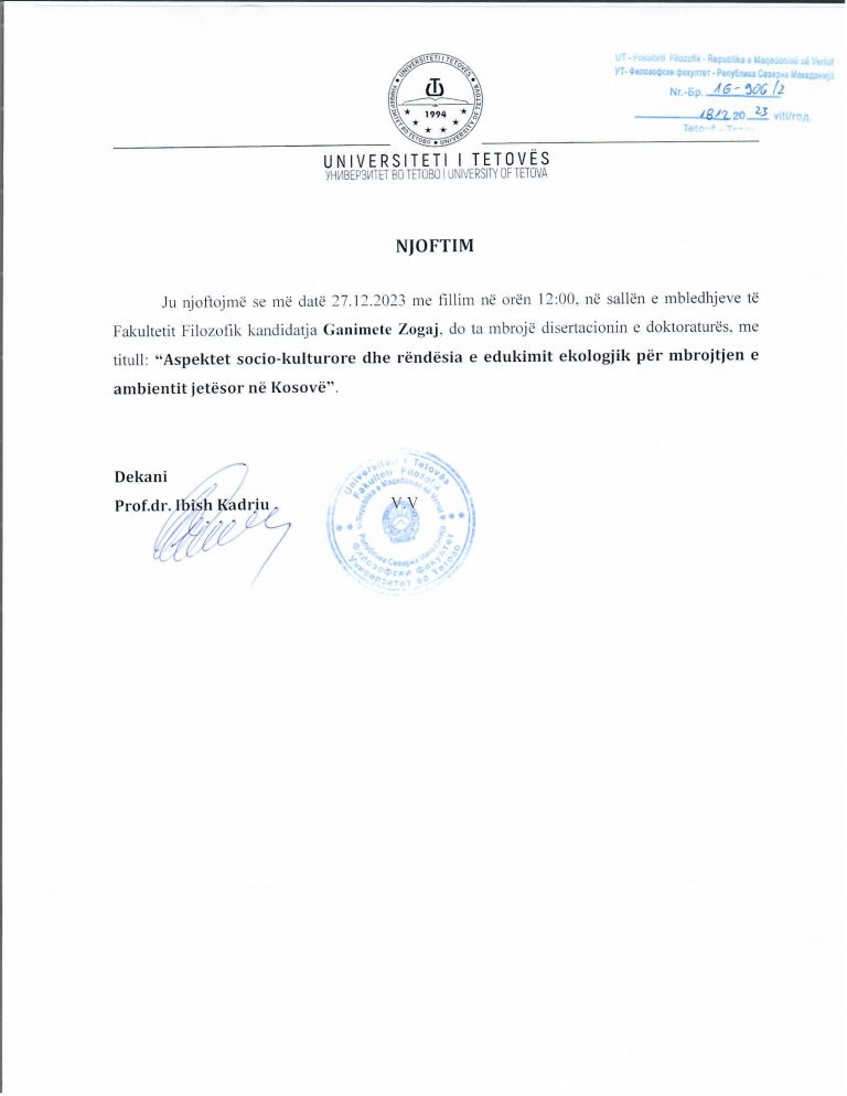 Njoftim për mbrojtje publike – Universiteti i Tetovës