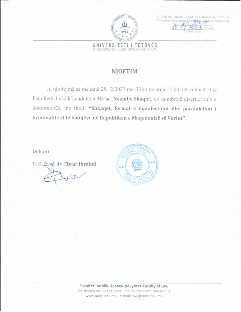 Njoftim për mbrojtje publike – Universiteti i Tetovës