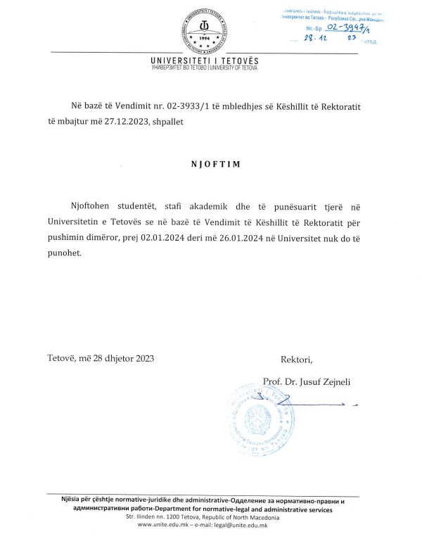 Njoftim – Universiteti i Tetovës