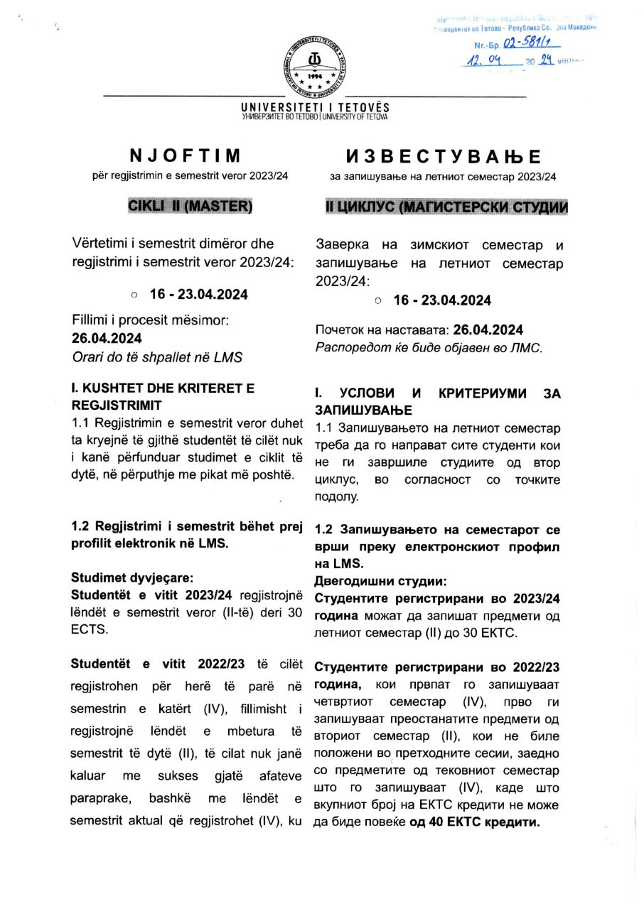 Njoftim për regjistrimin e semestrit veror 2023/24 (Cikli II ...
