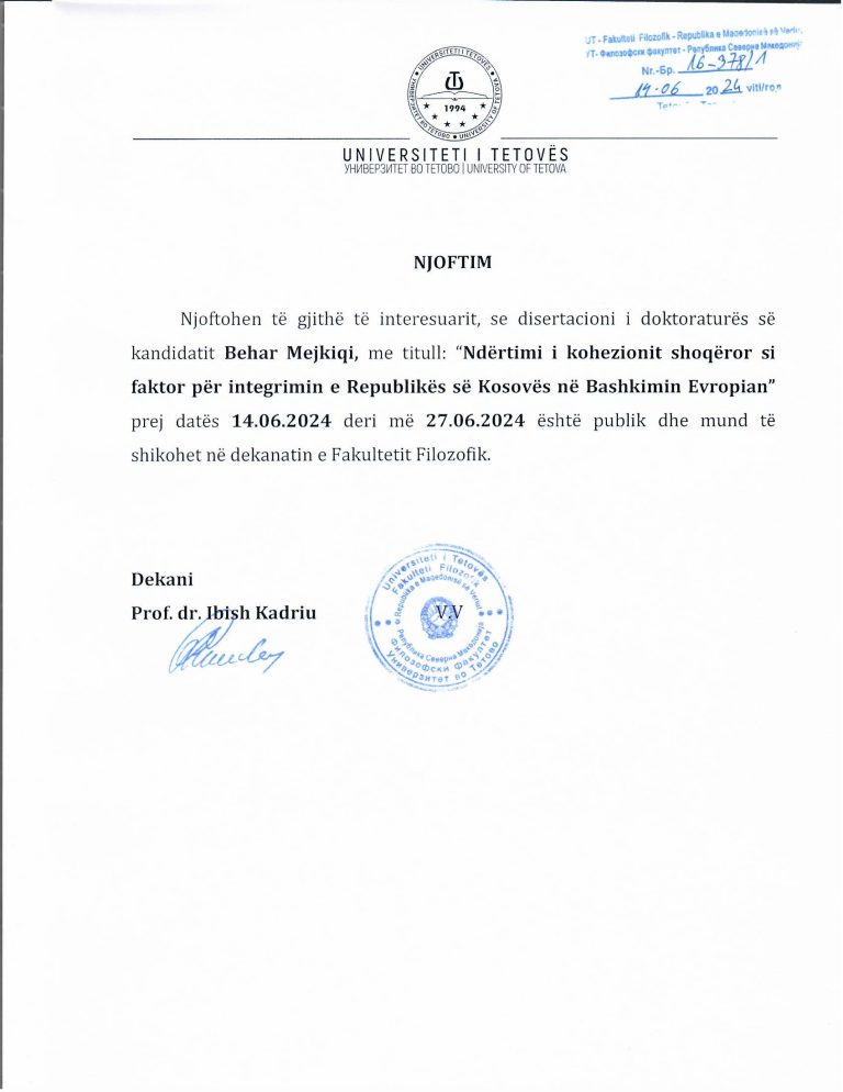 Njoftim – Universiteti i Tetovës