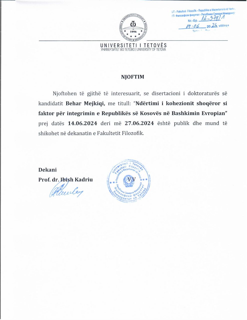 Njoftim – Universiteti i Tetovës