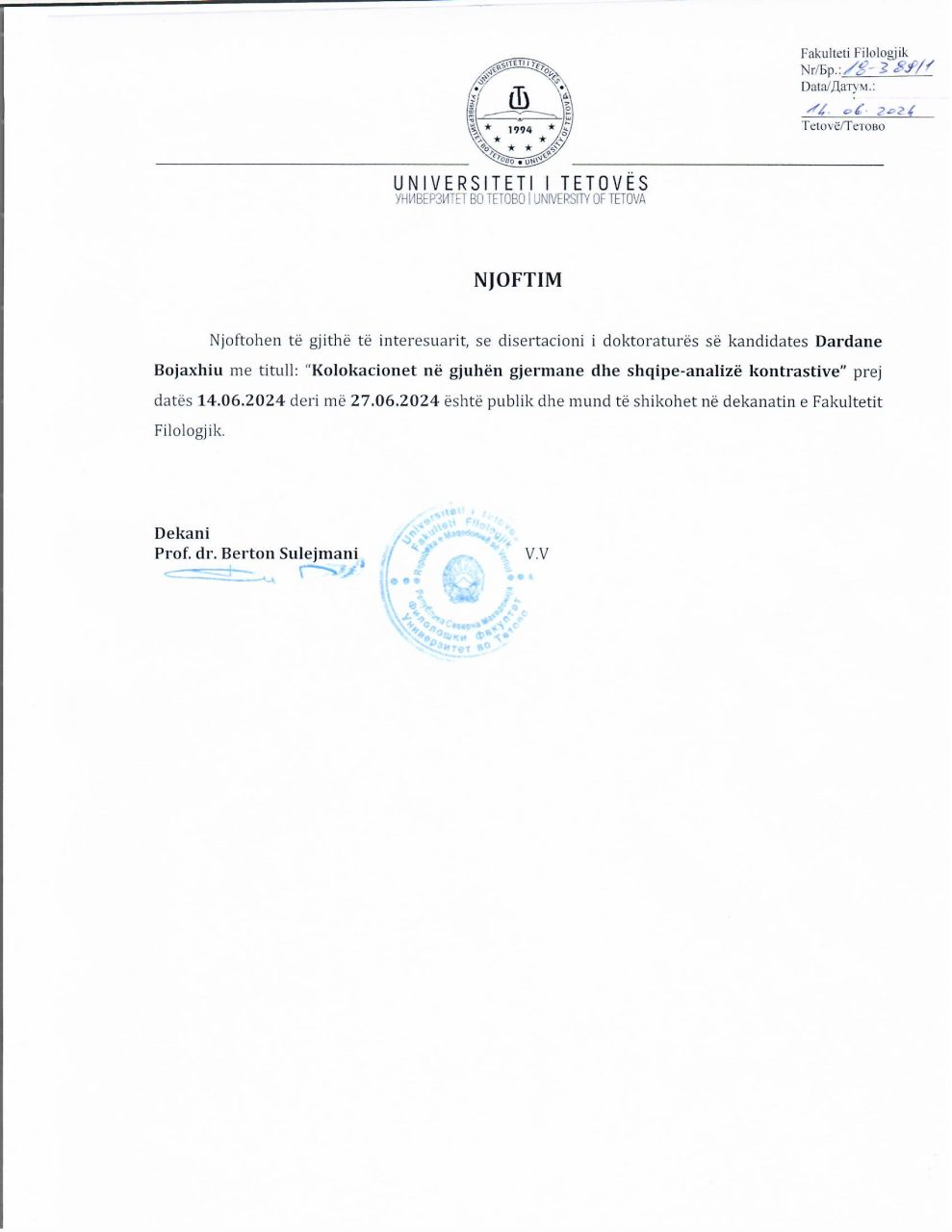 Njoftim - Universiteti i Tetovës