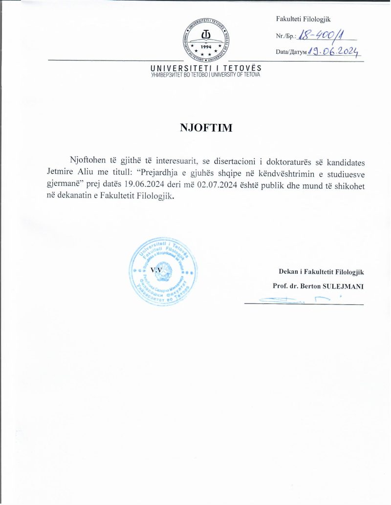 Njoftim – Universiteti i Tetovës