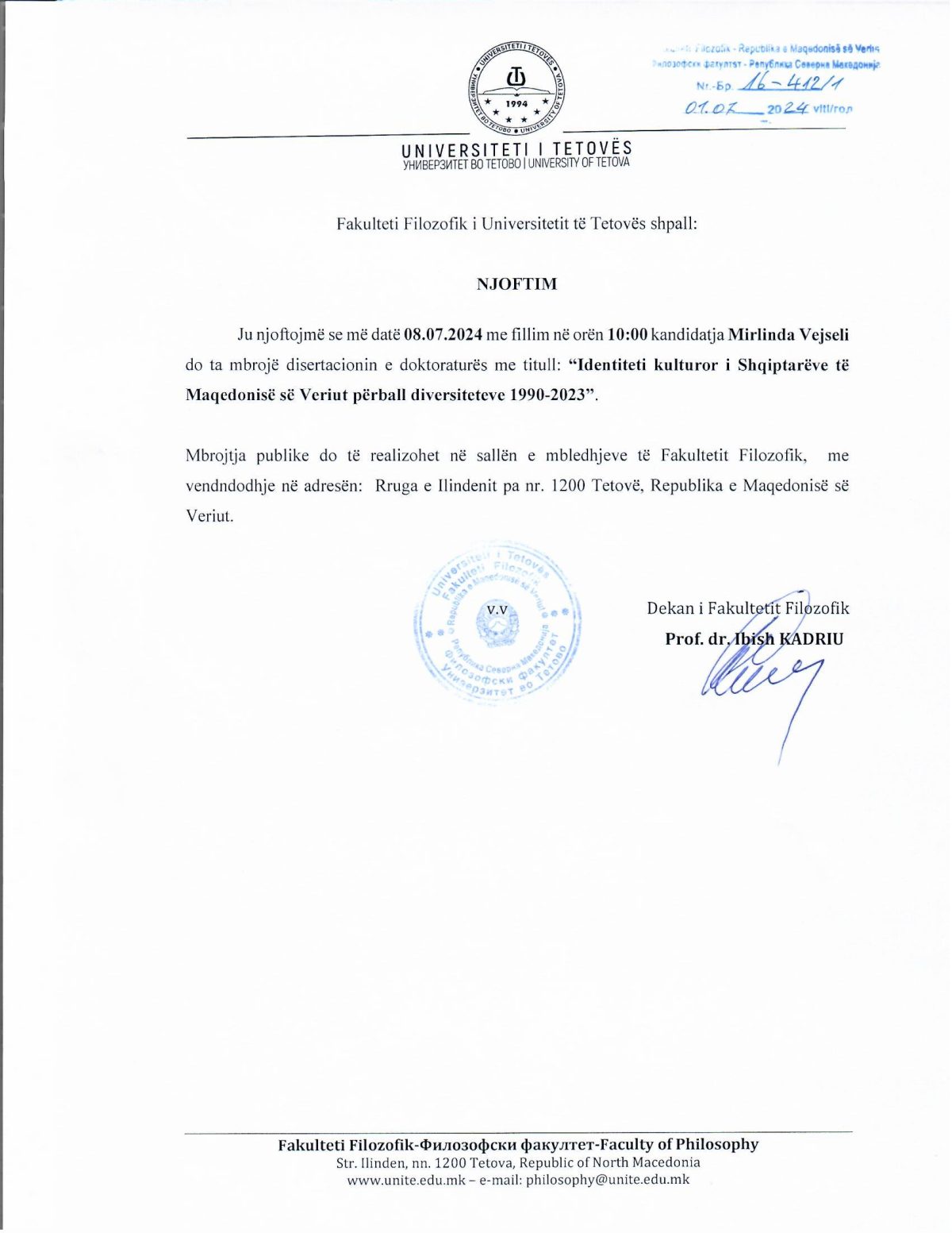 Njoftim – Universiteti i Tetovës