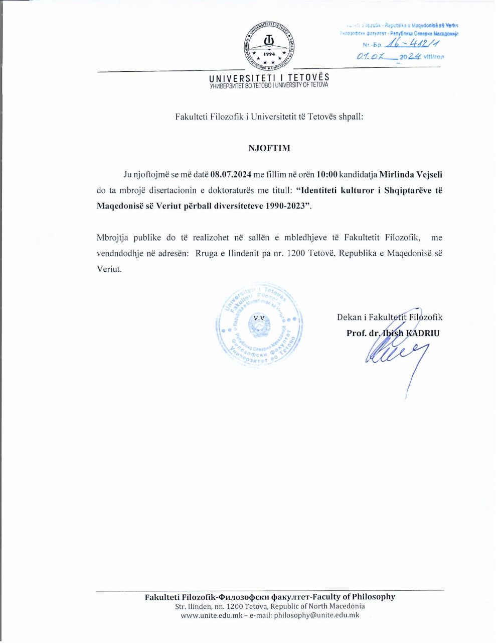 Njoftim – Universiteti i Tetovës