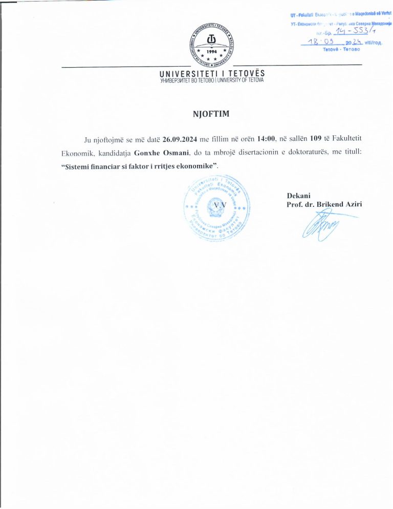 Njoftim për mbrojtje – Universiteti i Tetovës