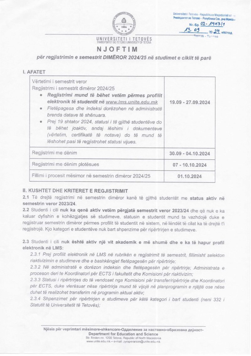 Njoftim për regjistrimin e semestrit dimëror 2024/25, Cikli I ...