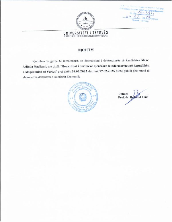 Njoftim – Universiteti i Tetovës