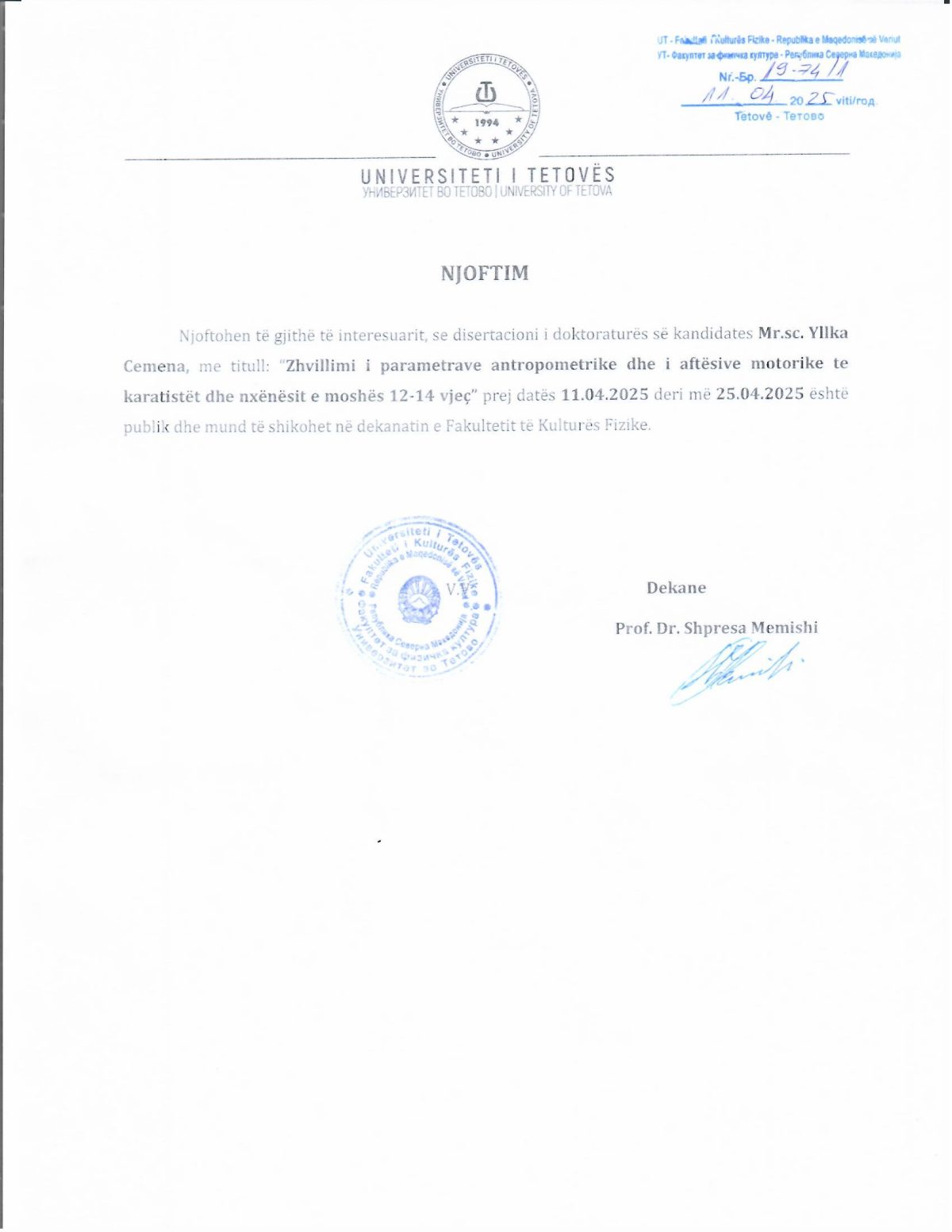Njoftim për disertacionin e doktoraturës - Universiteti i Tetovës
