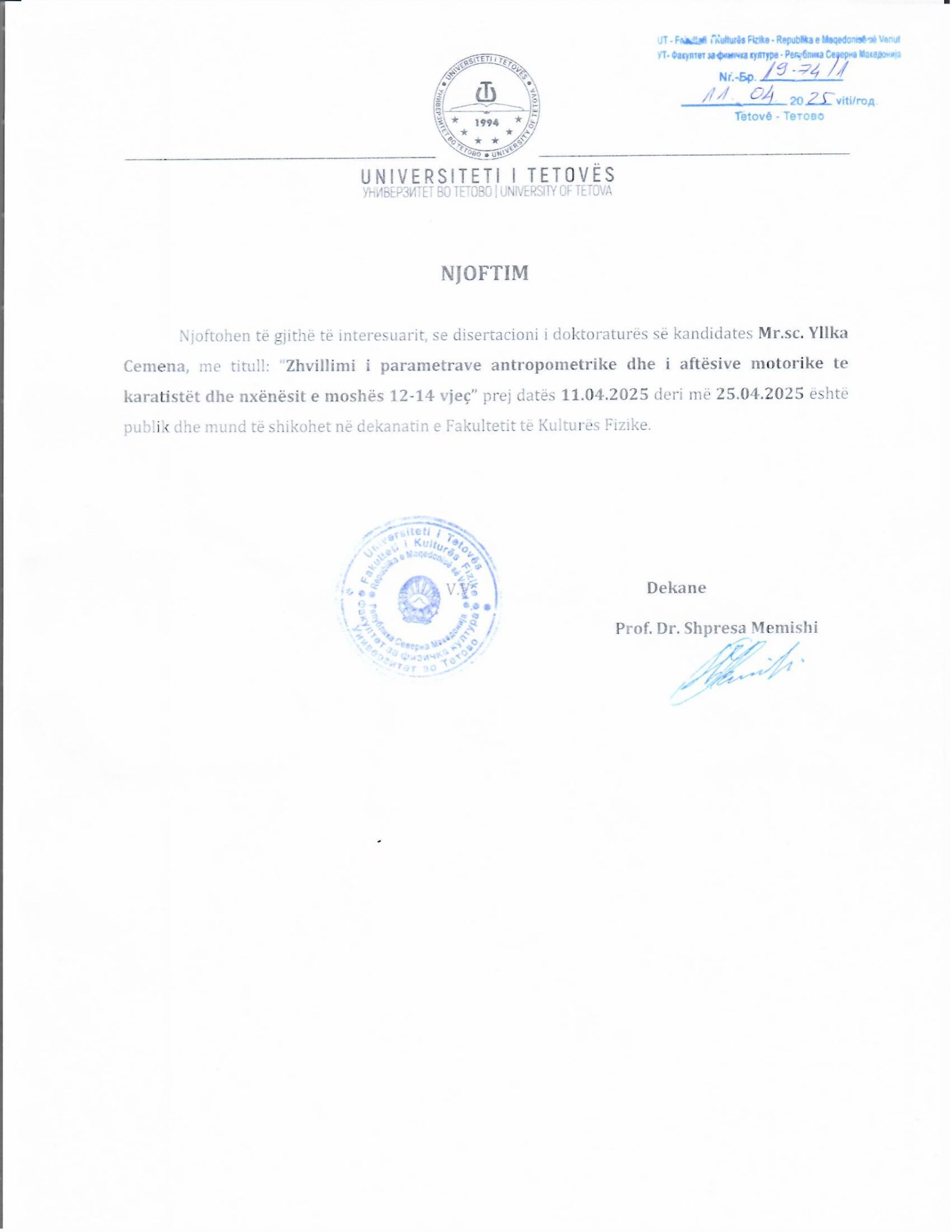 Njoftim për disertacionin e doktoraturës – Universiteti i Tetovës