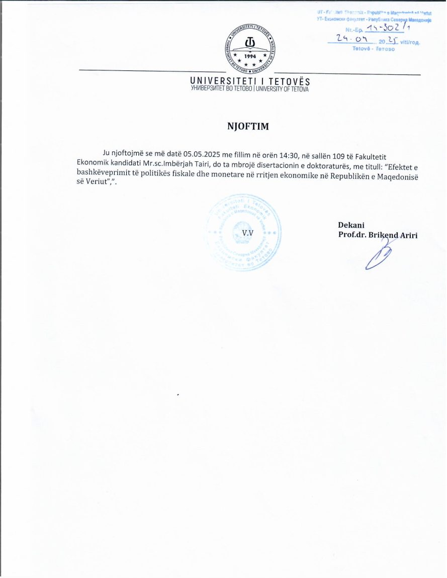 Njoftim për mbrojtje publike – Universiteti i Tetovës