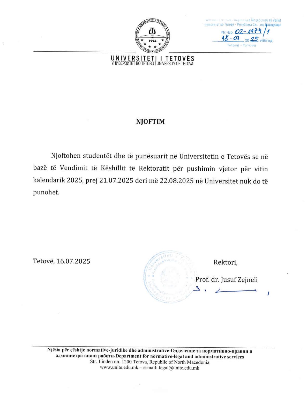 Njoftim (pushimi vjetor) – Universiteti i Tetovës