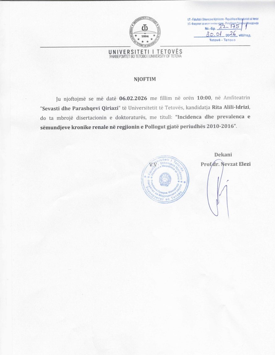Njoftim për mbrojtje publike - Universiteti i Tetovës
