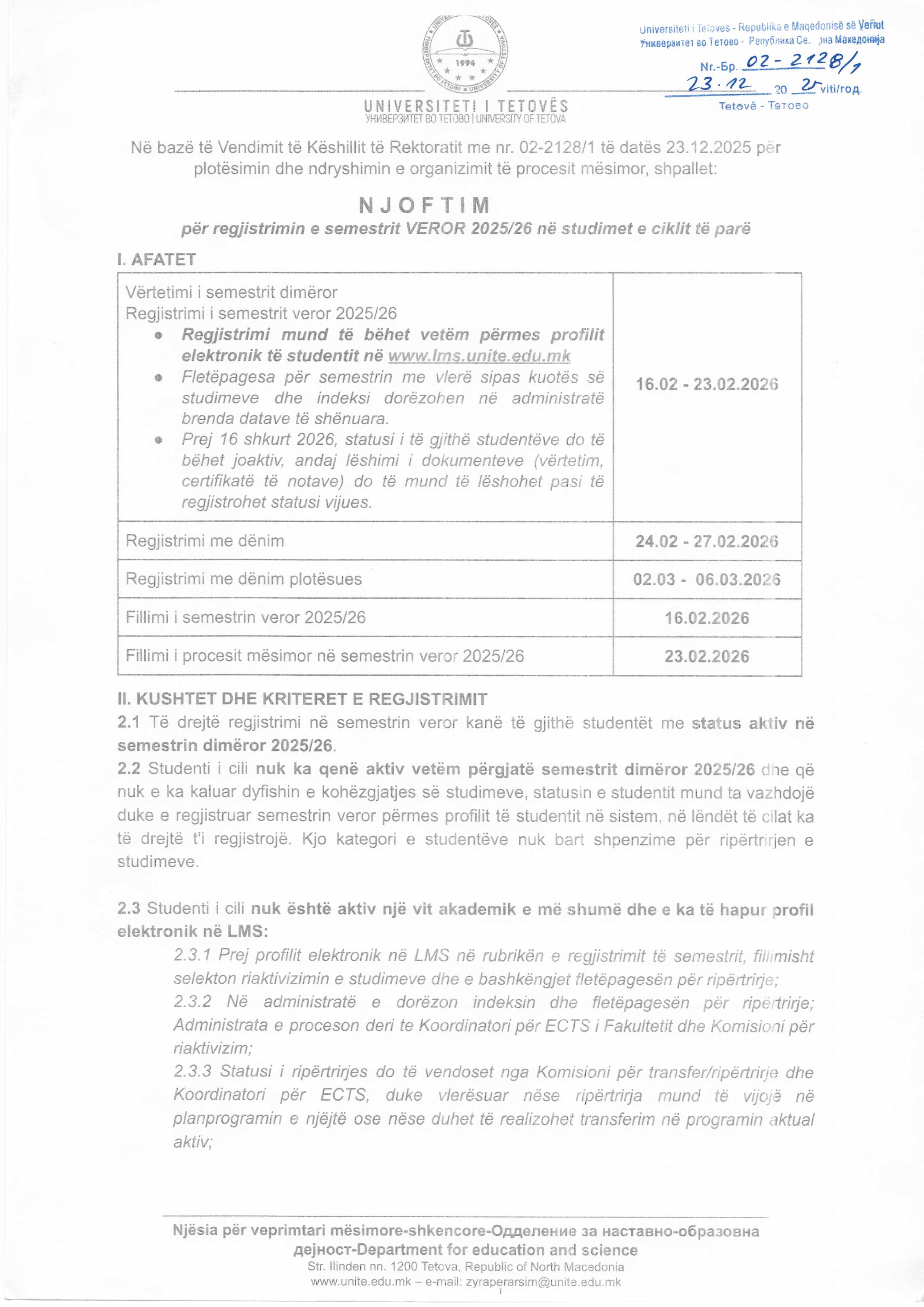 Njoftim për regjistrimin e semestrit veror 2025/26 - Cikli I ...
